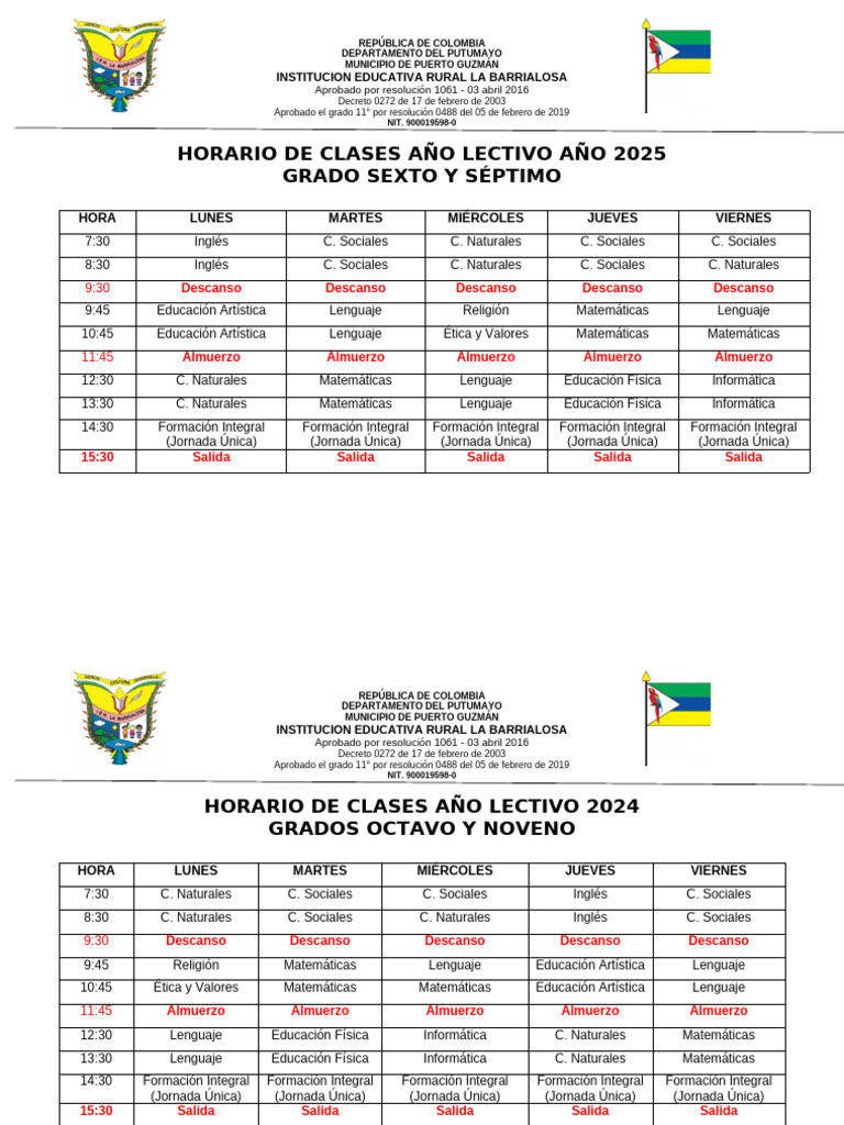 HORARIO DE CLASE SECUNDARIA Y MEDIA 2025 | PDF