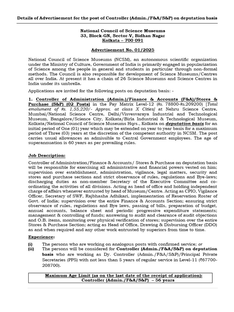 Detailedadvertisement For Controller On Deputation | PDF | Identity Document