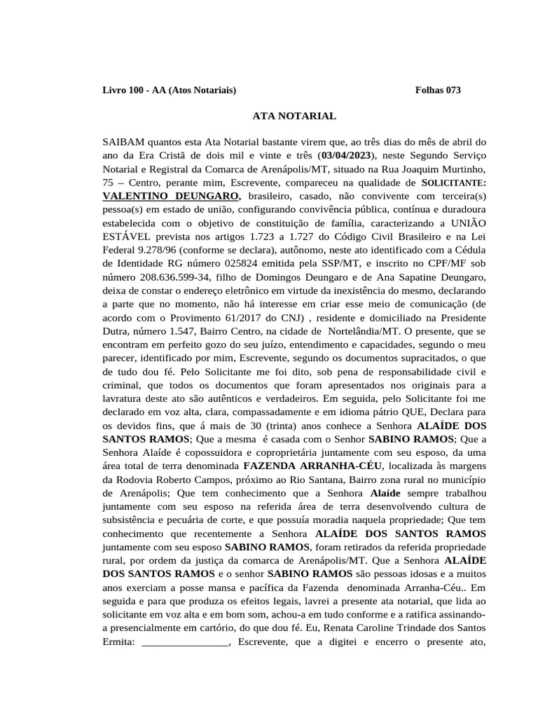 Fls. Ata Notarial declaratoria valentino - reta | PDF | Brasil
