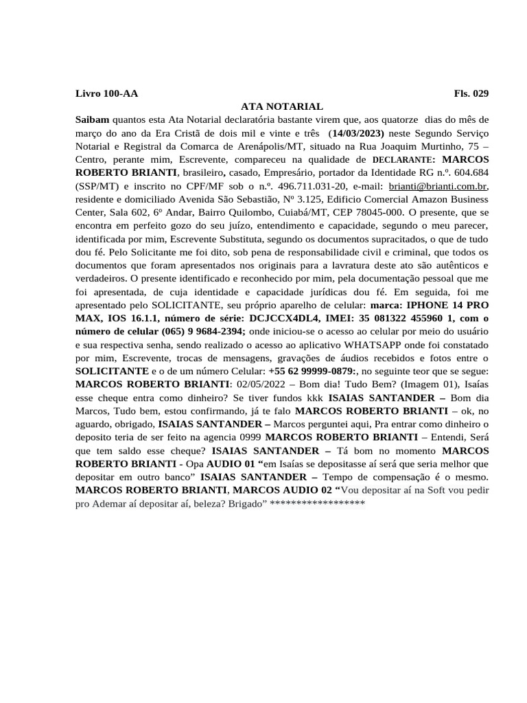 Fls. Ata Notarial declaratoria marcos santander | PDF