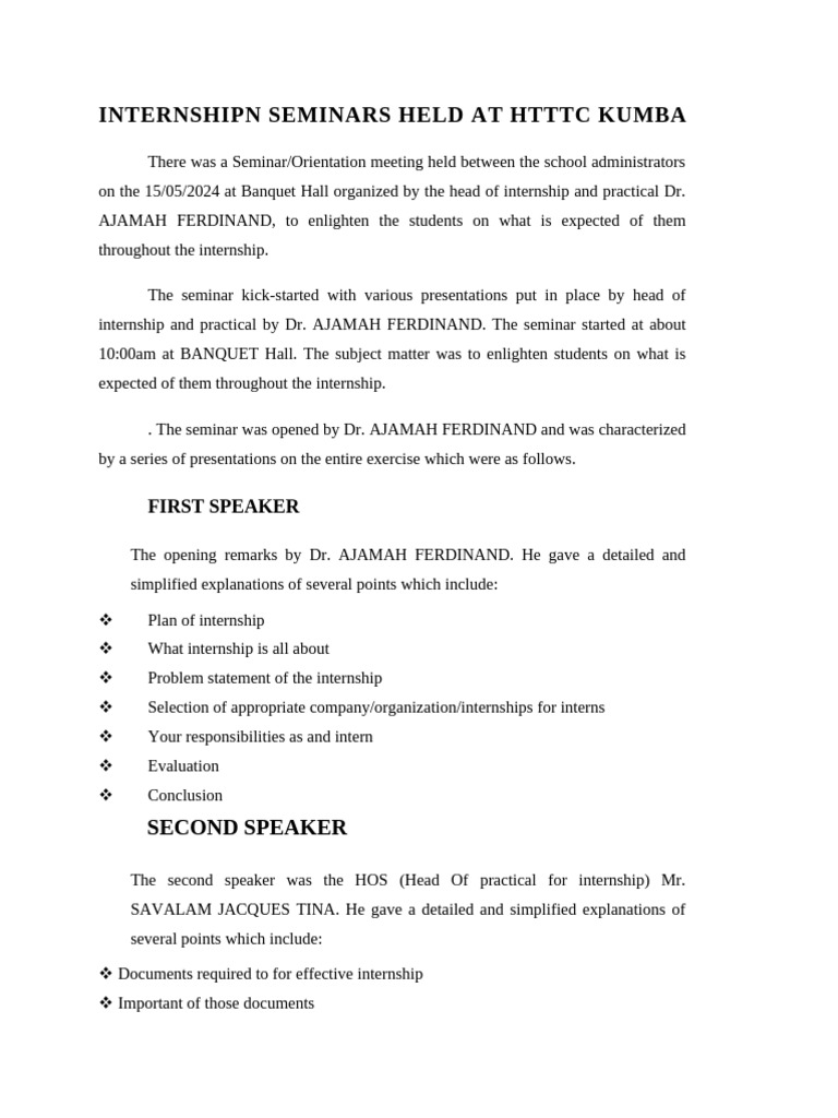 INTERNSHIPN SEMINARS HELD AT HTTTC KUMBA | PDF