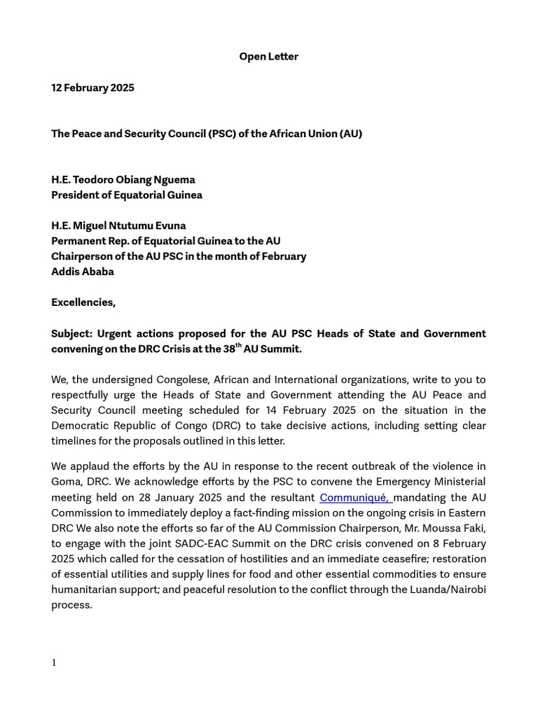 Open Letter DRC PSC Au Final Eng 12feb | PDF | African Union ...