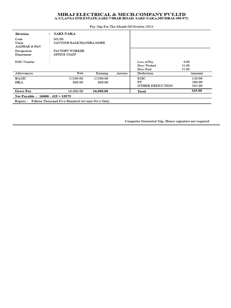 Payslip OCT 2024 | PDF