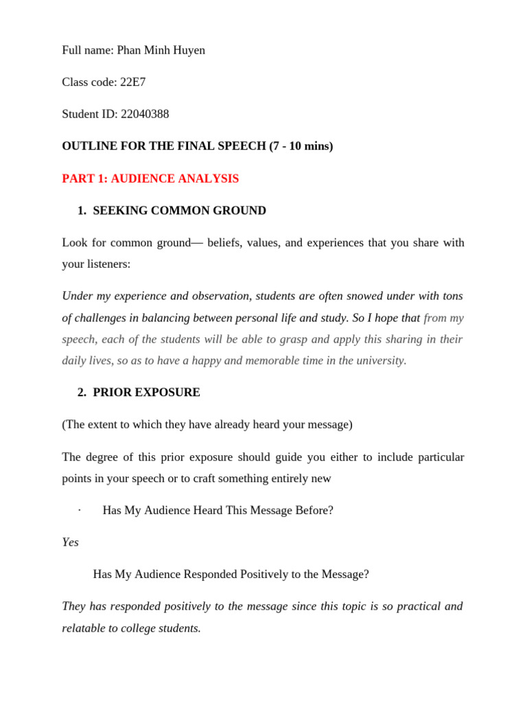 Outline For A Final Speech | PDF | Psychology | Behavioural Sciences