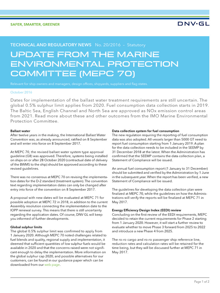 2016.10 Update From The Marine Environmental Protection Committee (MEPC 70) | PDF | Greenhouse ...
