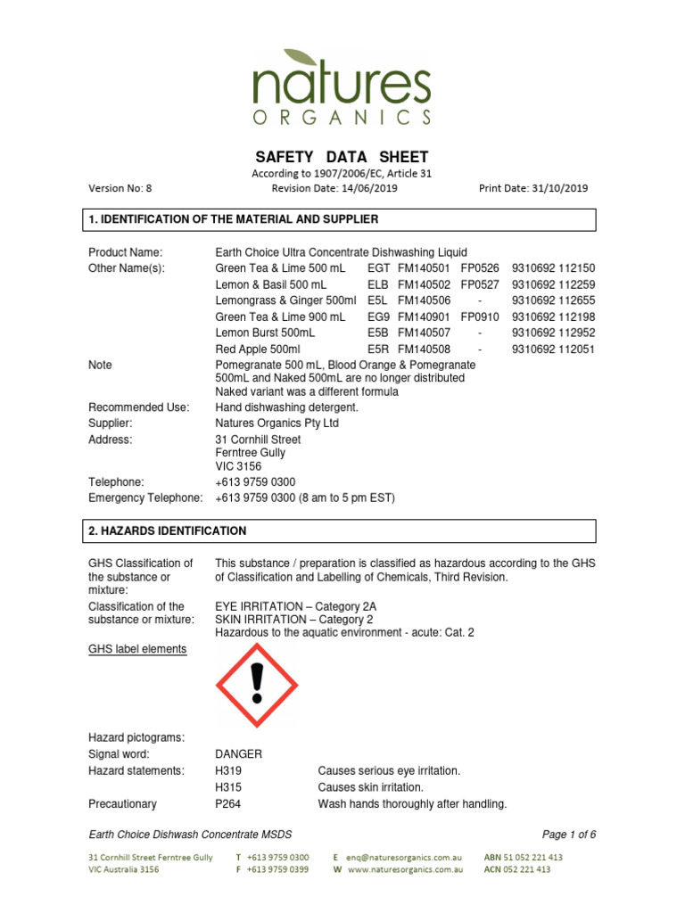 Earth Choice Dishwash Concentrate MSDS | PDF | Occupational Safety And ...
