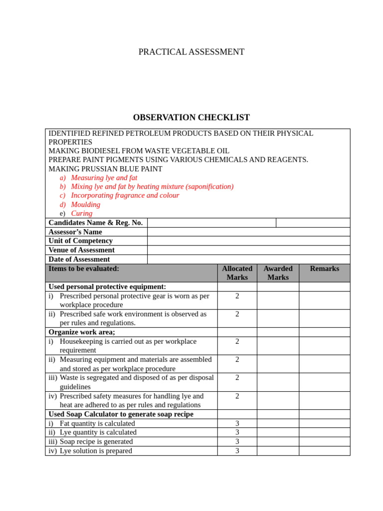 PRACTICAL ASSESSMENT OBSERV CHECKLIST PETROLEUM | PDF | Sodium ...
