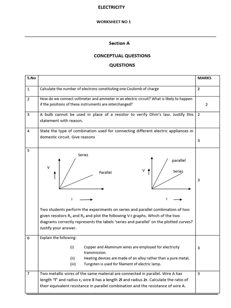CBSE Class 10 Physics Worksheet 1 Electricity | PDF | Series And Parallel Circuits ...