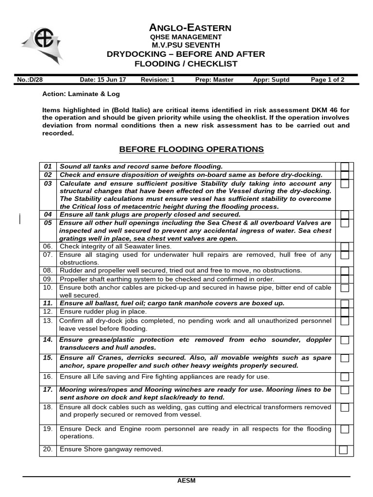 D-28 Drydocking - Before & After Flooding Checklist | PDF | Ships ...