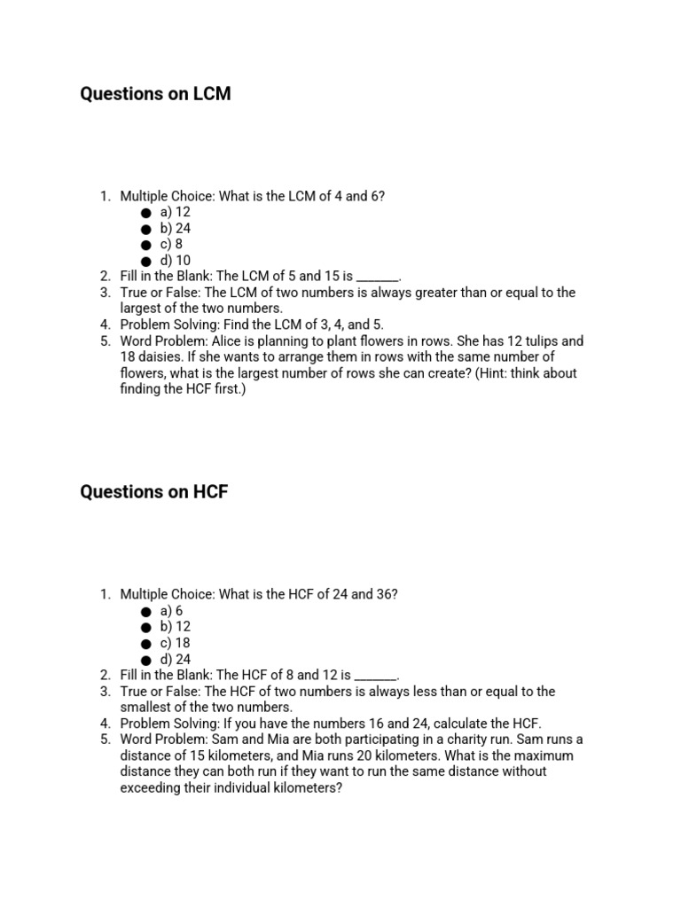 Math Practice: LCM & HCF Questions | PDF