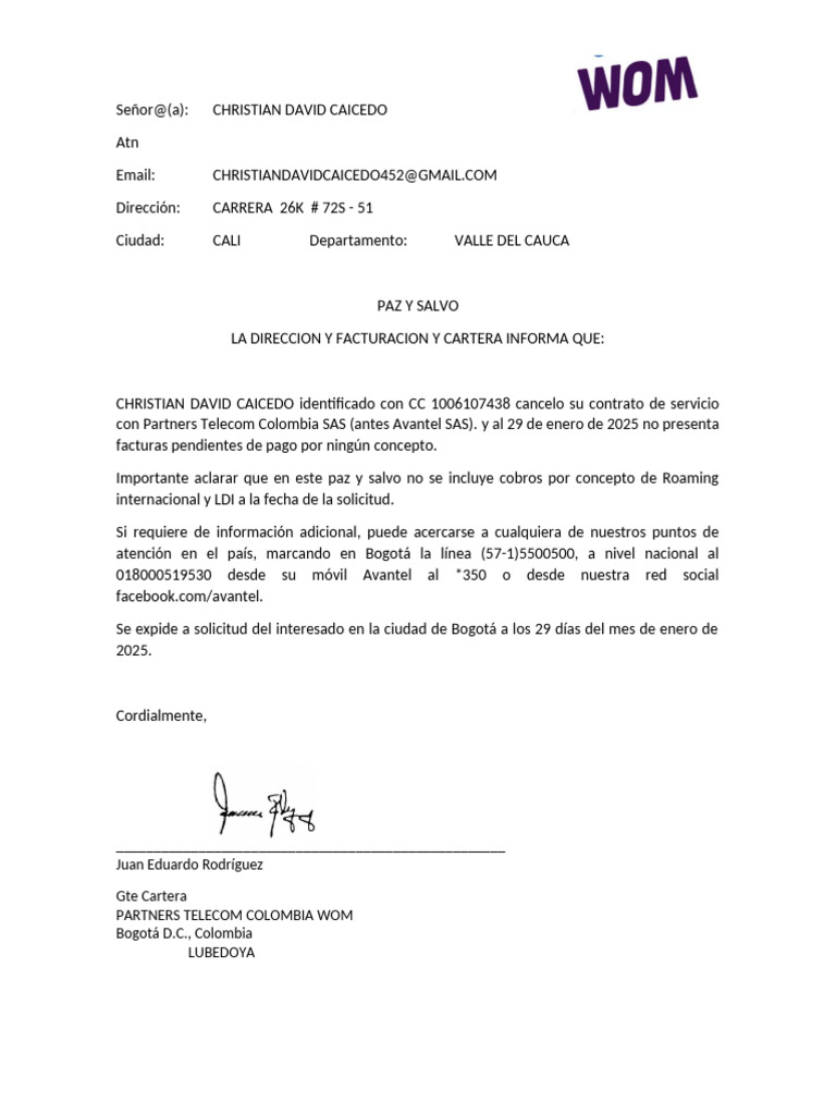 Paz y Salvo Wom 2025 | PDF