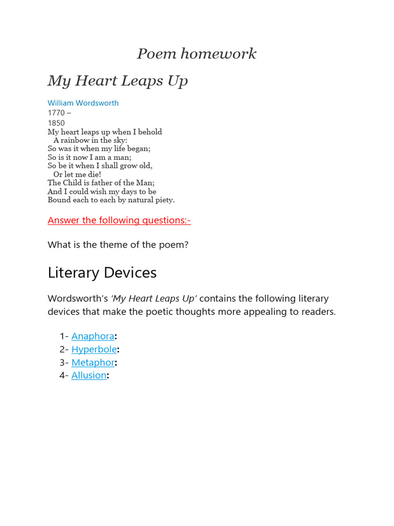 My Heart Leaps Up Homework | PDF