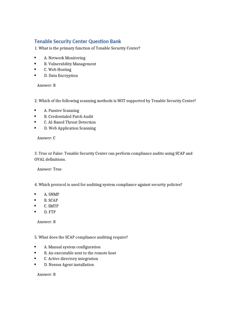 Tenable Security Center Question Bank | PDF | Security | Computer Security