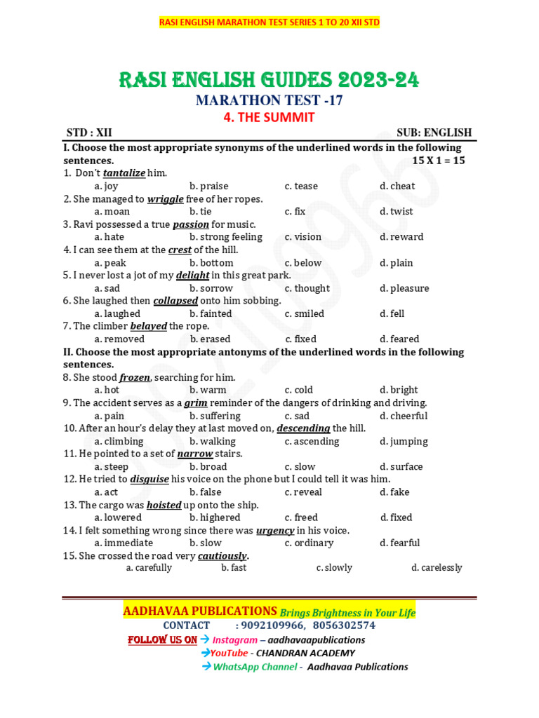 12th English Rasi Marathon Test - The Summit | PDF