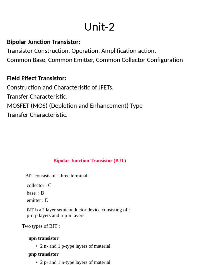 Unit 2 Electronics | PDF | Bipolar Junction Transistor | Field Effect Transistor