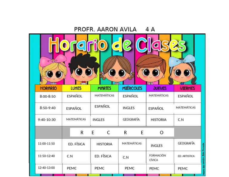 Horario Escolar 4º A: Asignaturas y Horas | PDF
