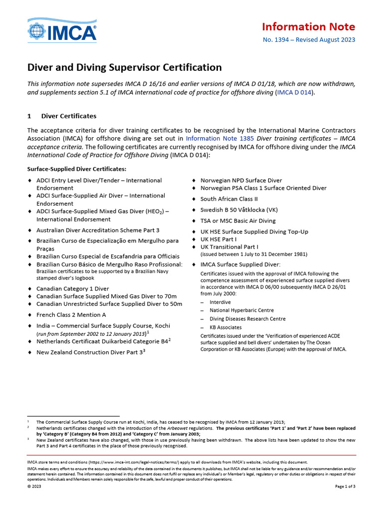 IMCA Briefing 1394 Diver and Diving Supervisor Certification | PDF ...