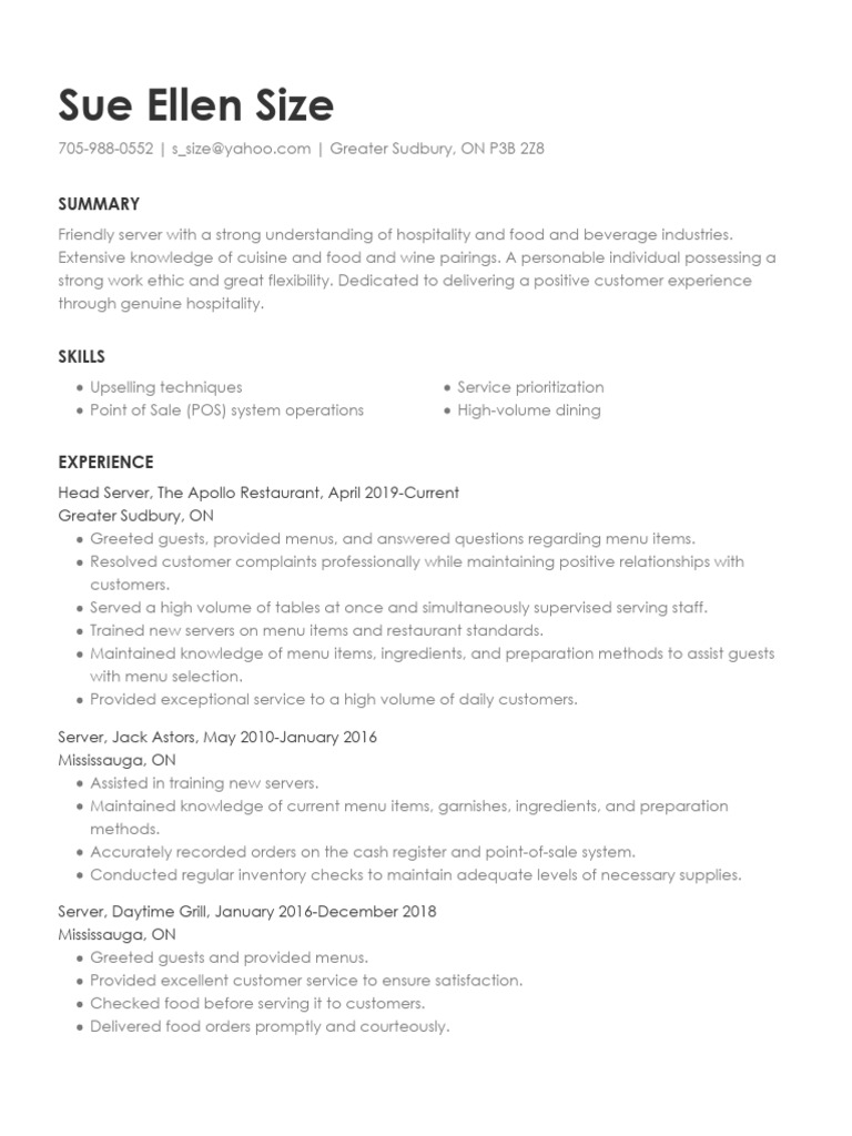 Experienced Server in Hospitality Industry | PDF