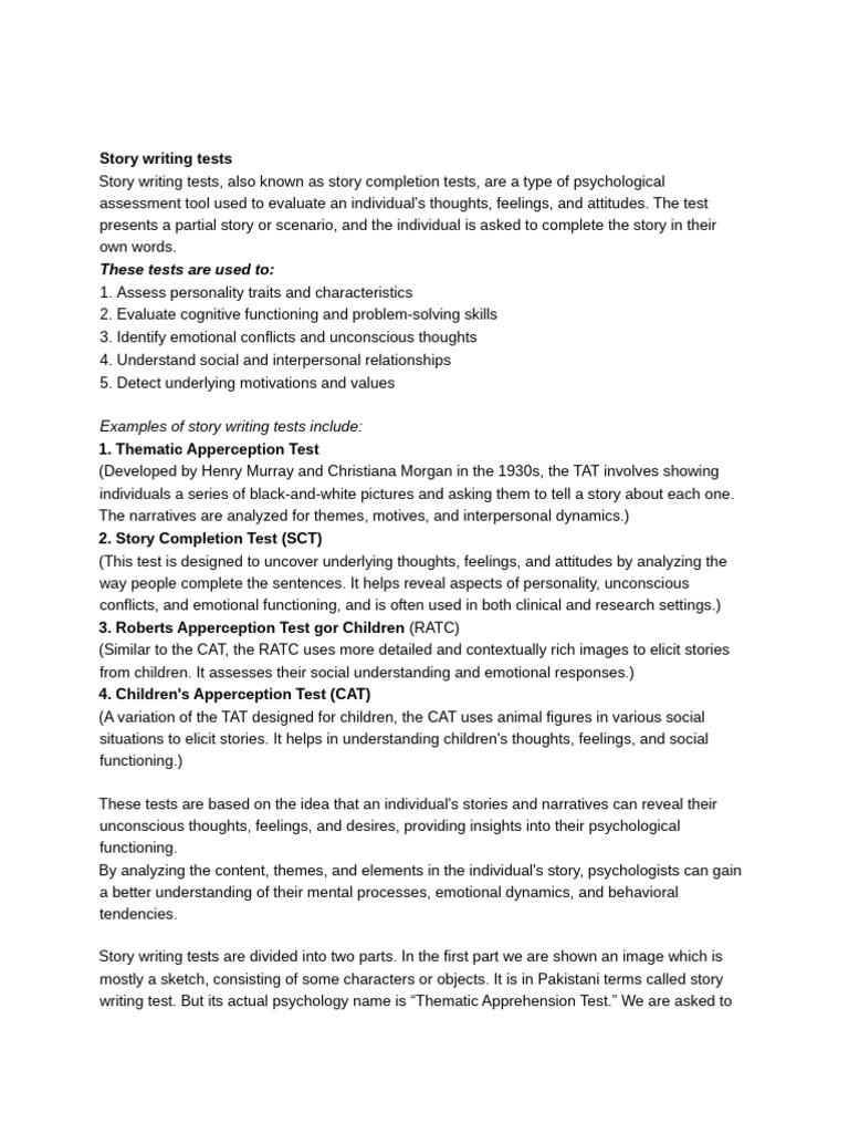 story writing test | PDF | Psychology | Behavioural Sciences