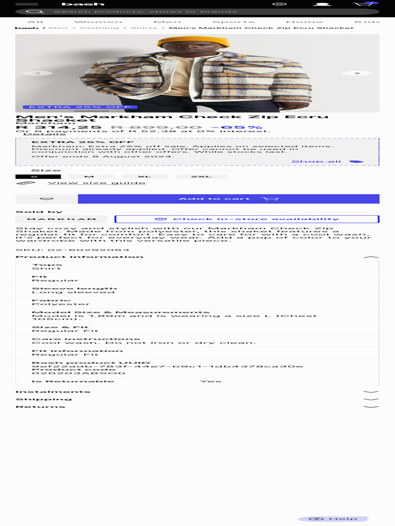 Men's Markham Check Zip Ecru Shacket - Bash.com | PDF