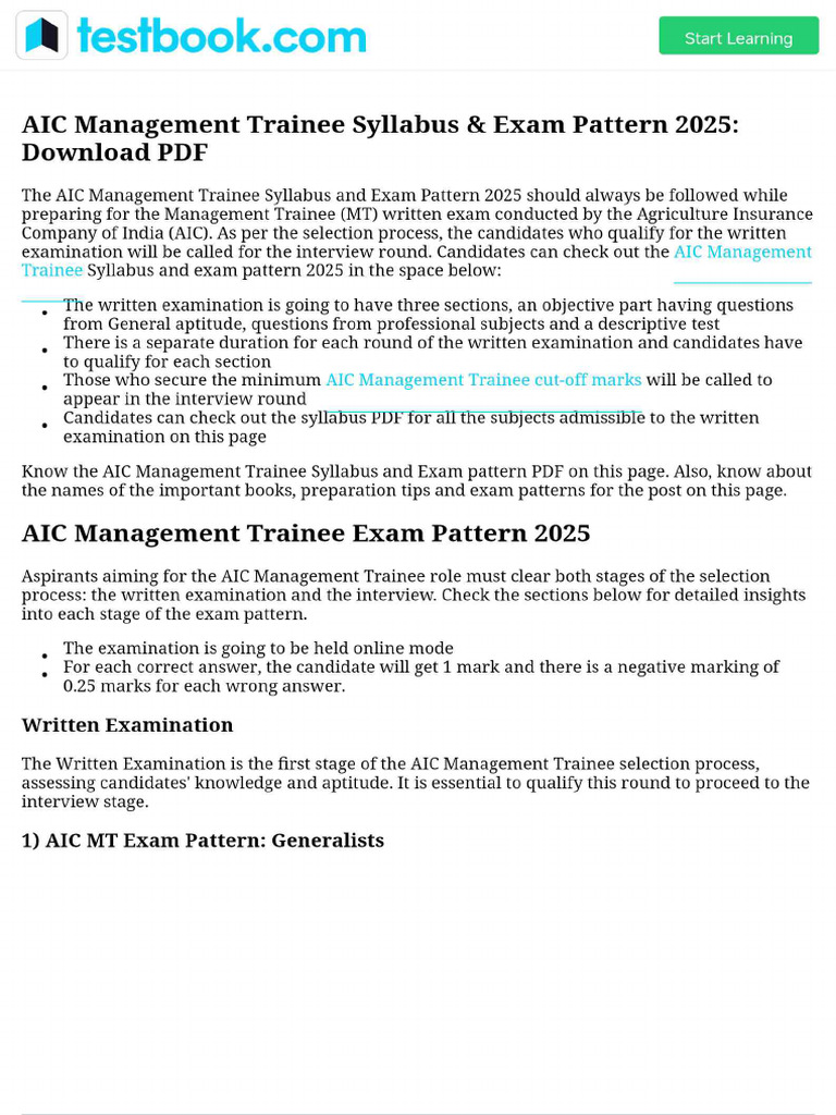AIC Management Trainee Syllabus & Exam Pattern 2025 - Download PDF | PDF