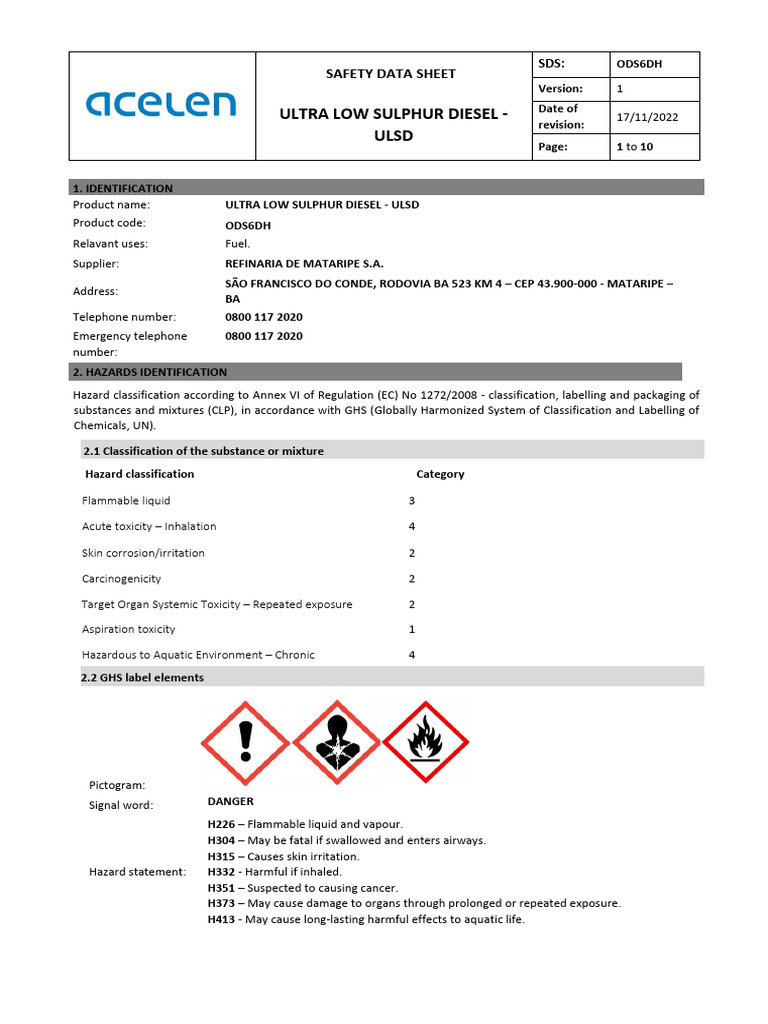 Ultra Low Sulfur Diesel Safety Data Sheet | PDF | Dangerous Goods ...