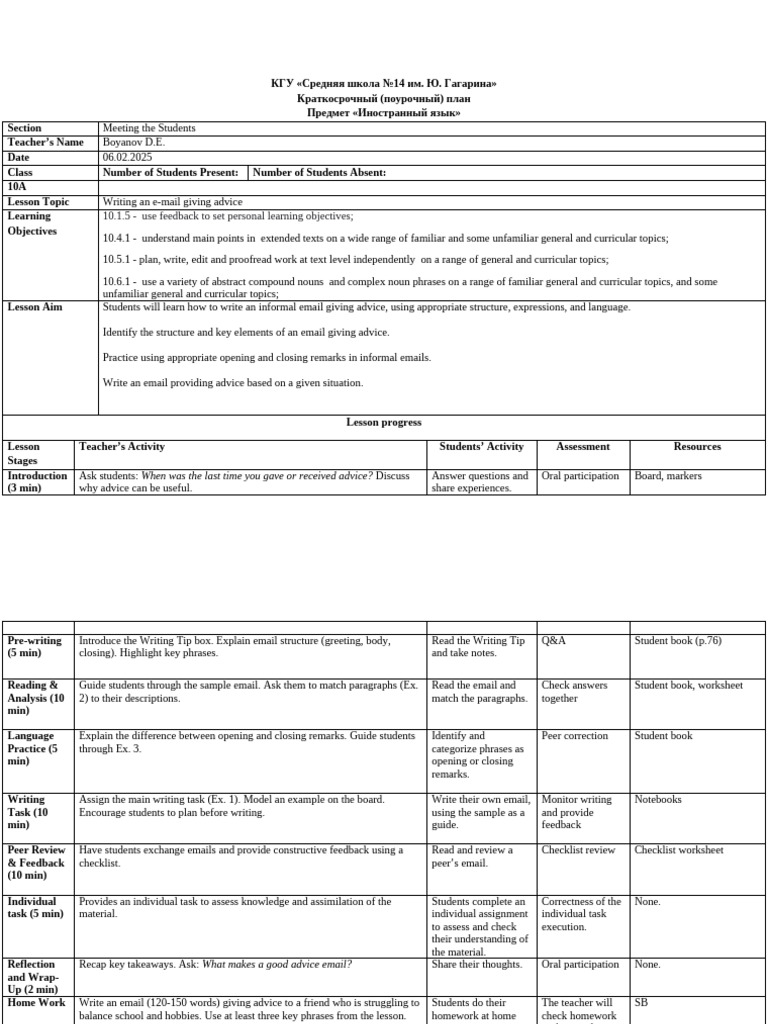 Writing Advice Emails Lesson Plan | PDF | Behavior Modification | Communication