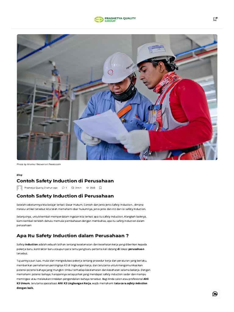 Contoh Safety Induction di Perusahaan _ Pusat Sertifikasi Praset | PDF