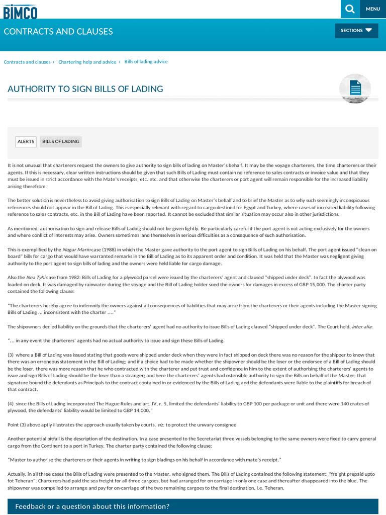 Authority To Sign Bills of Lading | PDF | Law Of Agency | Bill Of Lading