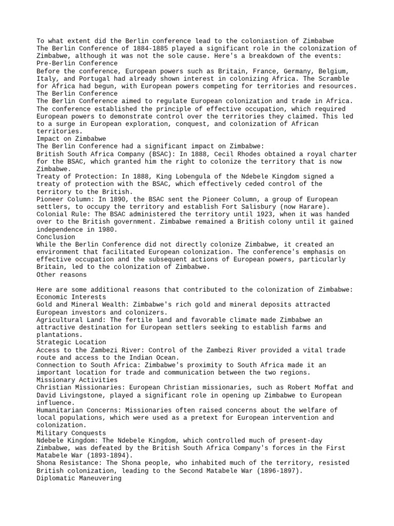 Berlin Conference's Role in Zimbabwe's Colonization | PDF | Zimbabwe ...