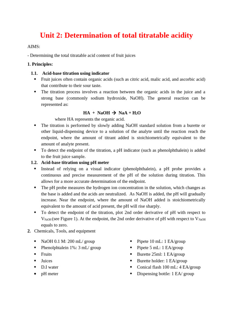 Unit 2-Determination of Total Titratable Acidity | PDF | Titration ...