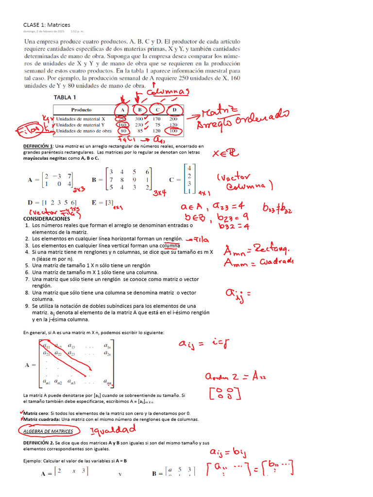 CLASE 1 Matrices | PDF | Matriz (Matemáticas) | Álgebra lineal