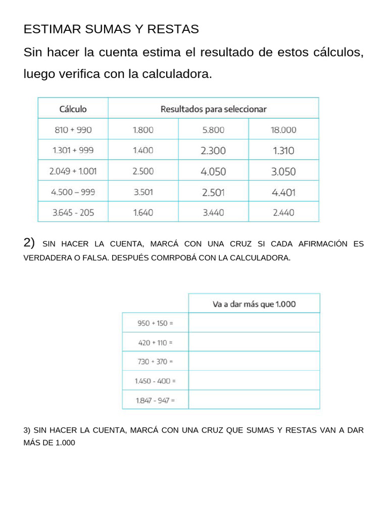 Estimar Sumas y Restas | PDF