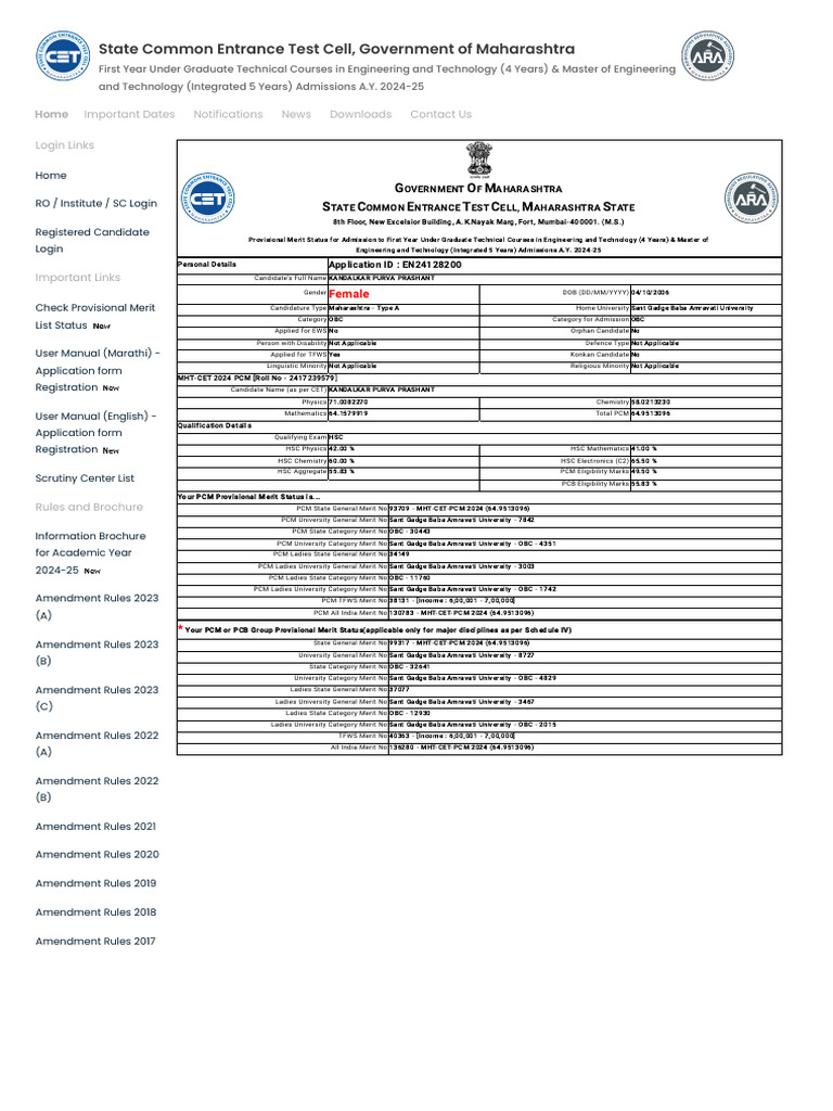 MHTCET-Engineering Merit List | PDF