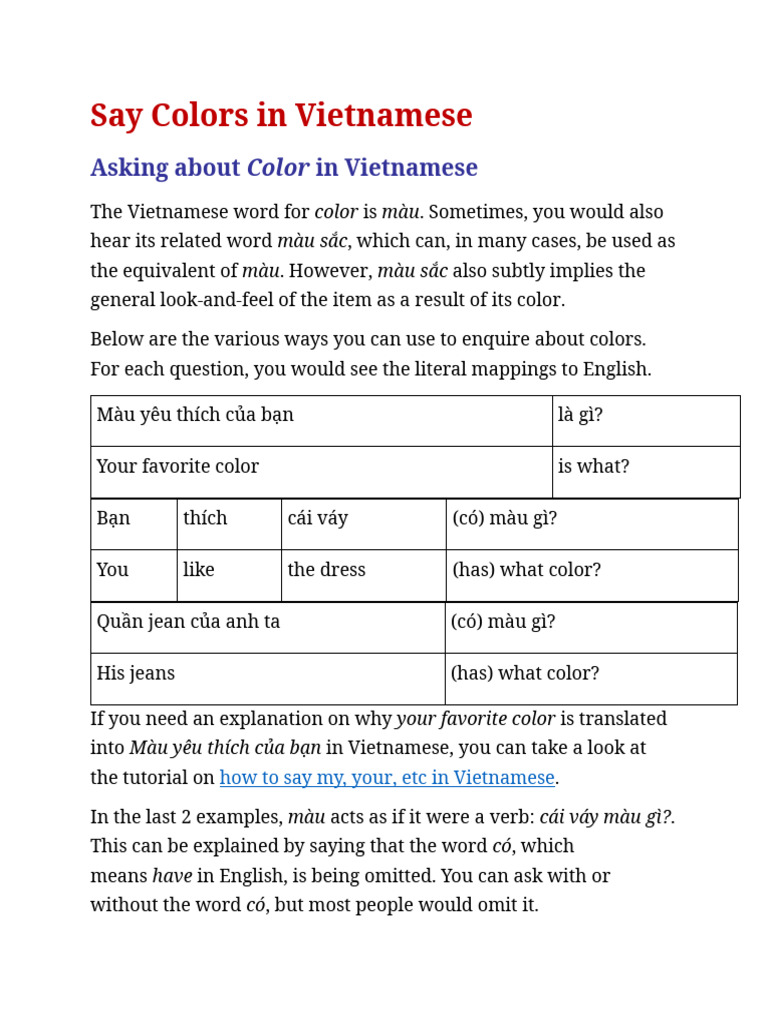 Say Colors in Vietnamese | PDF | Semantic Units | Morphology