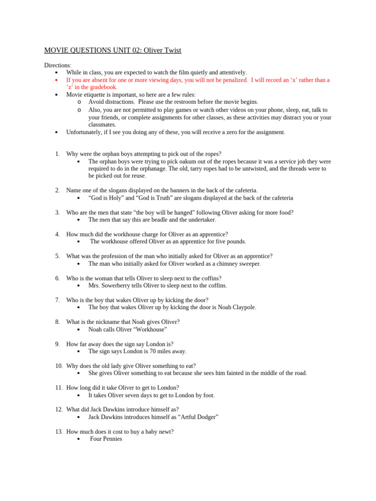 MOVIE QUESTIONS 02 | PDF | Adaptations Of Works | Oliver Twist