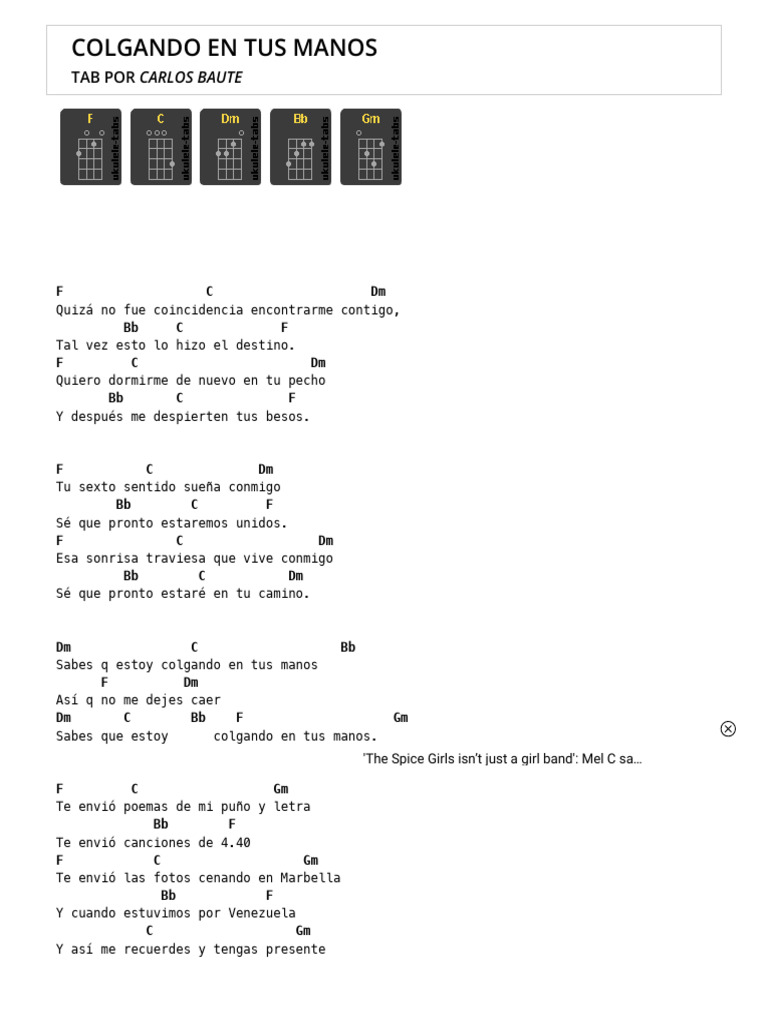 Colgando en Tus Manos Tab Por Carlos Baute - Ukulele Tabs | PDF