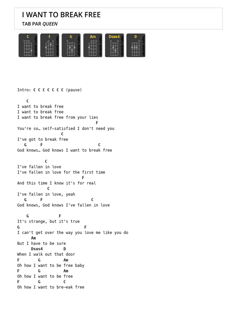 Ukulele Chords for "I Want to Break Free" | PDF