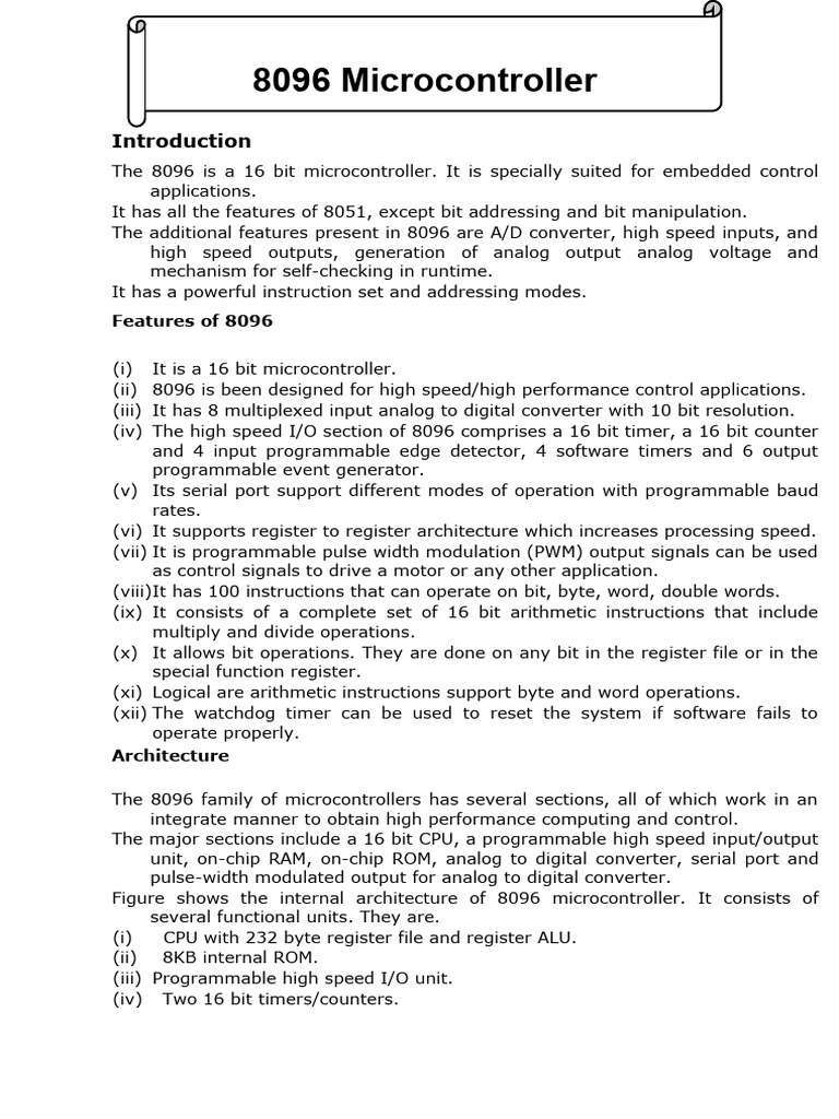 8096 Microcontroller Features and Architecture | PDF | Central Processing Unit | Input/Output