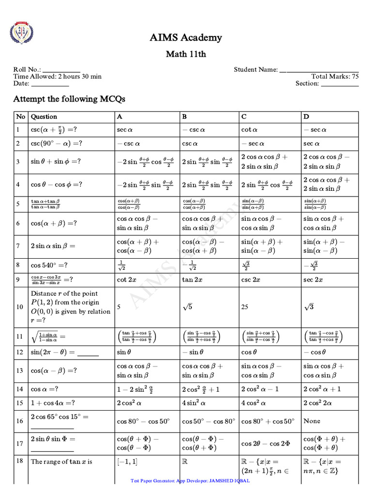 Math 11th - 05-02-2025-121750303 | PDF | Trigonometry | Algebra