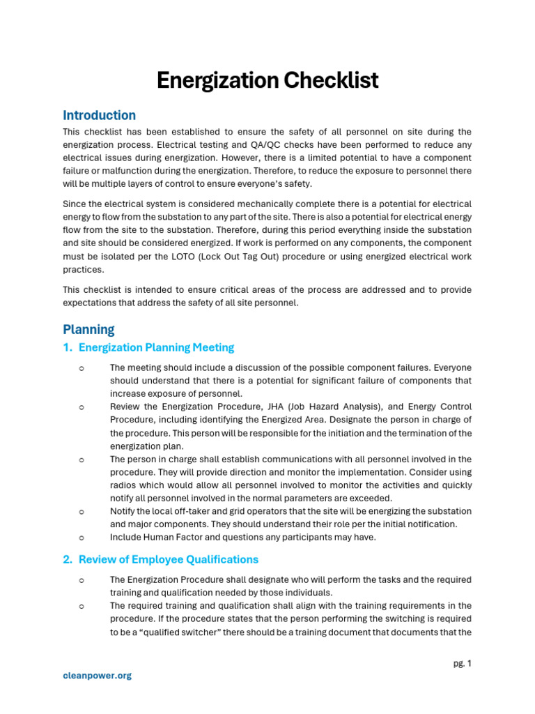 Energization Safety Checklist | PDF | Electrical Grid | Electric Power ...