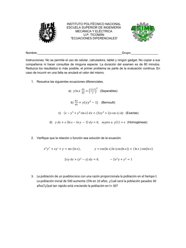1er Examen Ecuaciones IPN | PDF