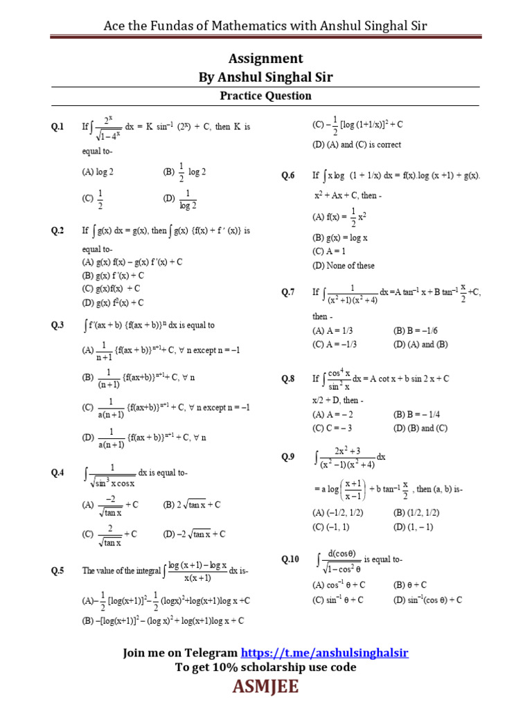Indefinite Integration Enhancement Assignment 3 | PDF