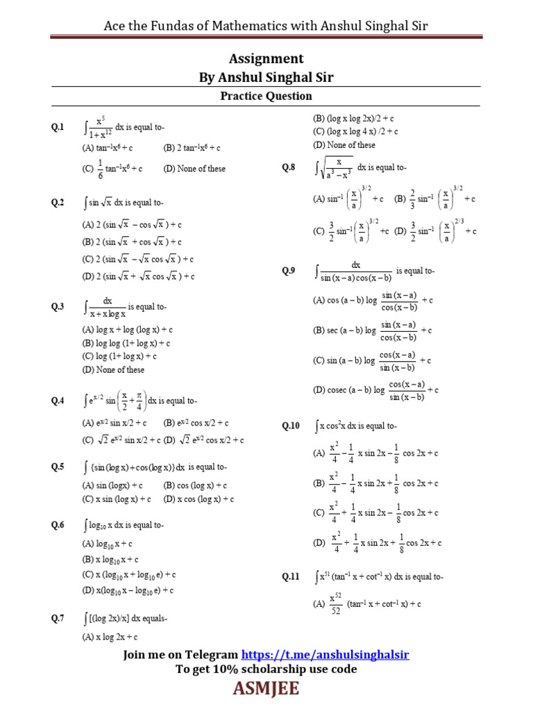 Indefinite Integration Enhancement Assignment 1 | PDF