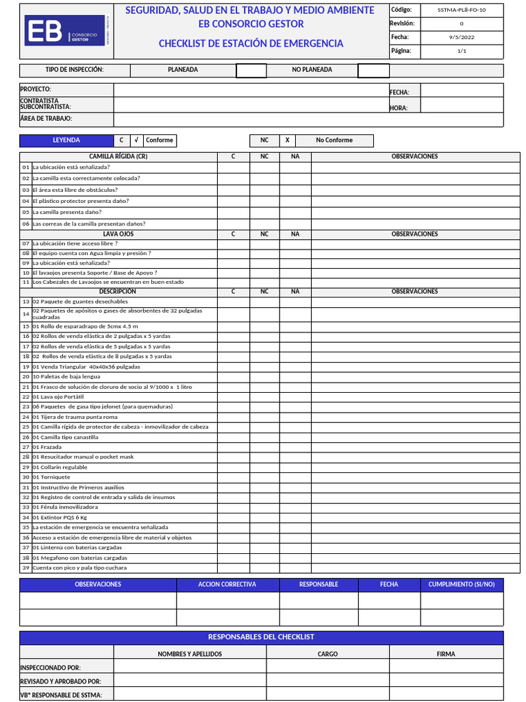 SSTMA-PL8-FO-10 Check List de Estación de Emergencia - MENSUAL | PDF