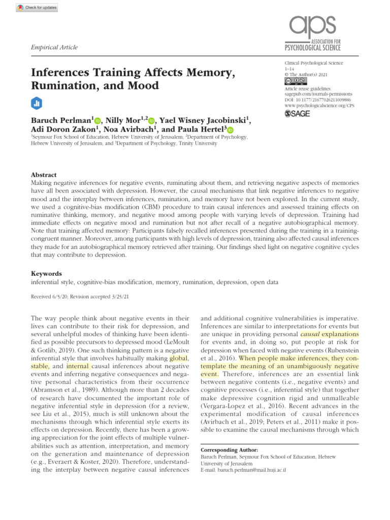 Inferences Training Affects Memory, Rumination, and Mood | PDF | Memory | Mental Health