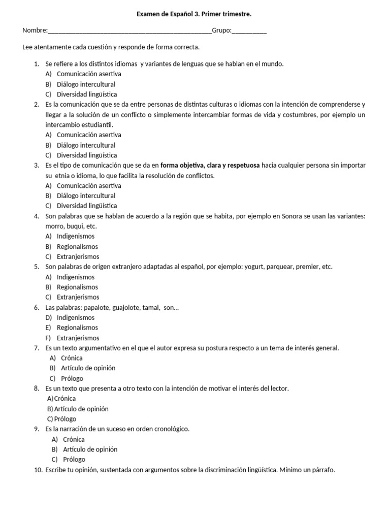 Español 3. Trimestre 1 | PDF