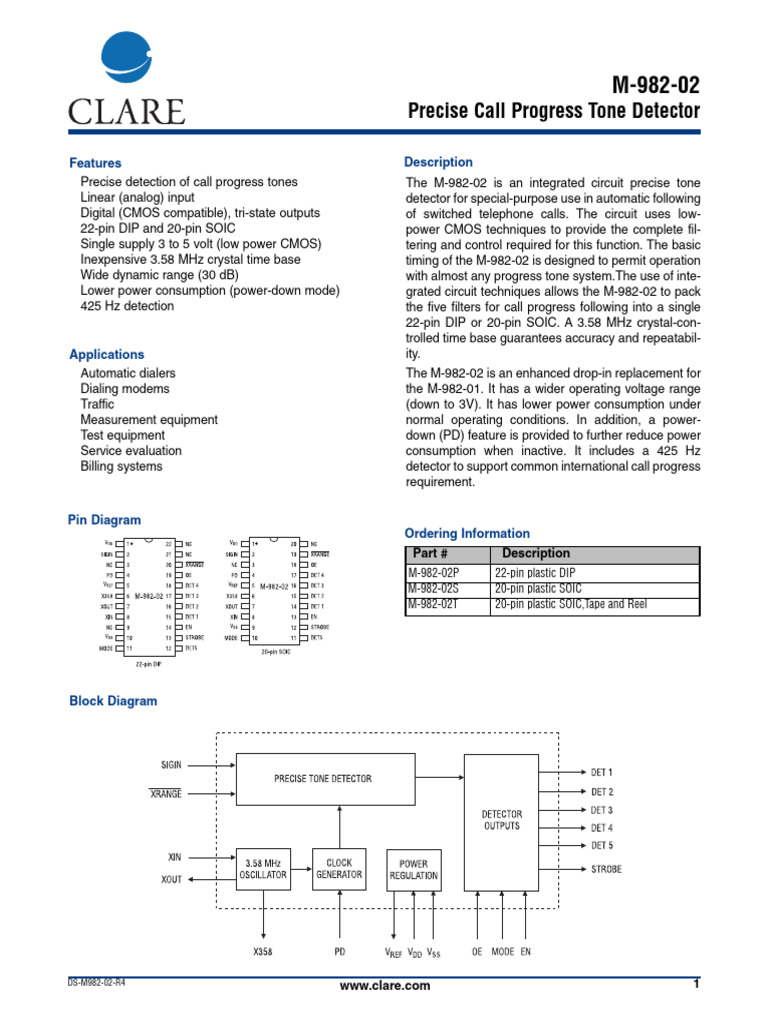 Clare Precise Call Progress Tone Detector M982 02 | PDF | Sensor | Cmos