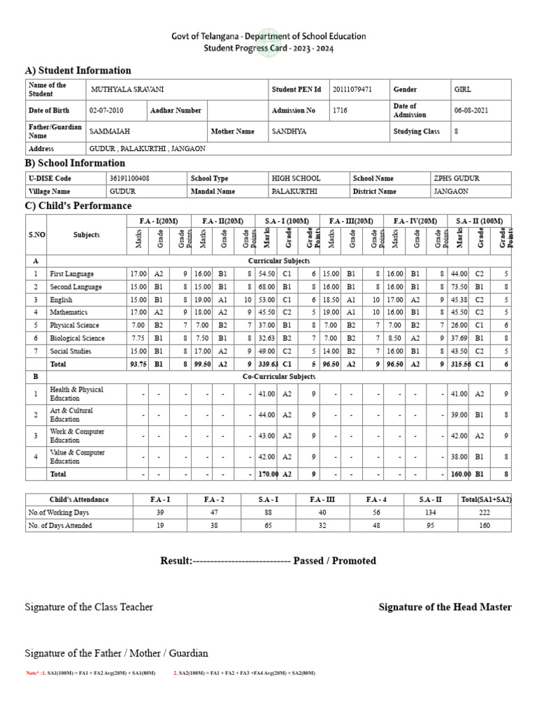 Class 8 Marksheet Format | PDF | Science