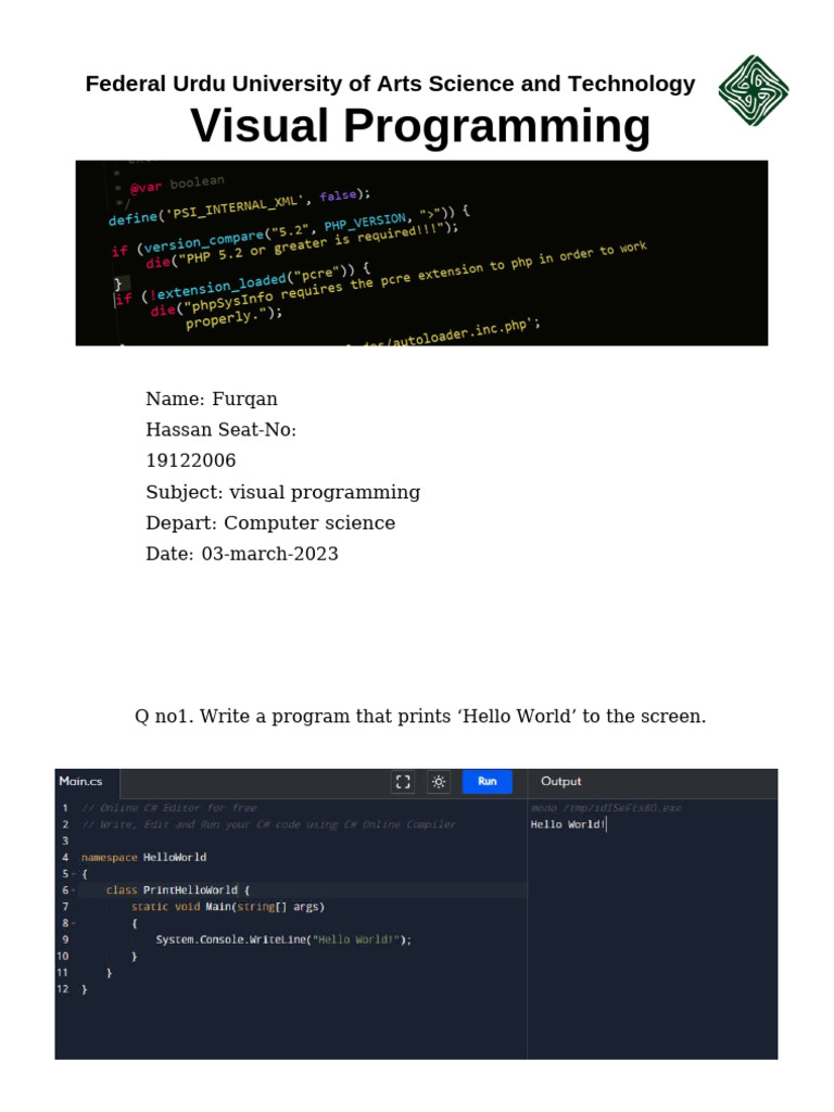Assignment 01 Visual Programming Elementary Furqan Hassan | PDF | Function (Mathematics ...